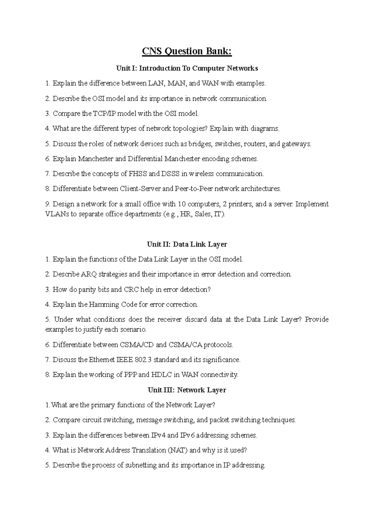 CNS Unit1-3 Question Bank - CNS Question Bank: Unit I: Introduction To Computer Networks Explain ...