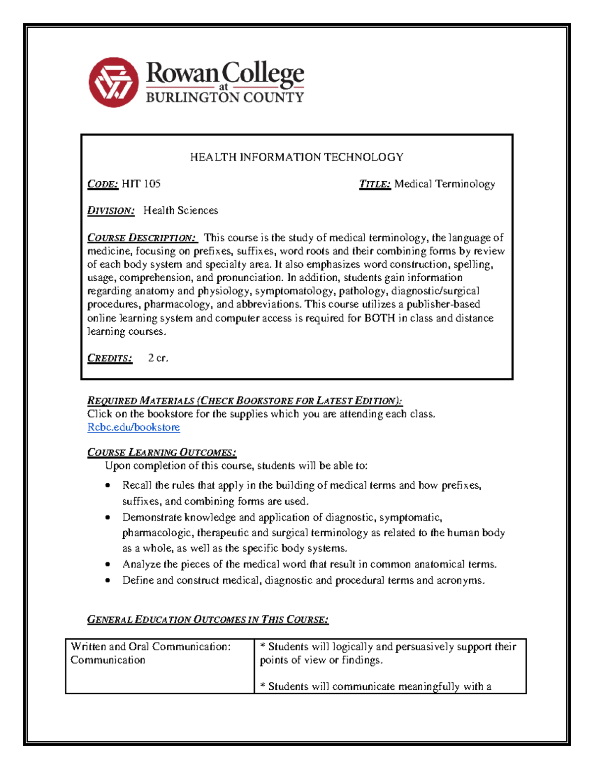 HIT 105 Course Outline October 2017 - HEALTH INFORMATION TECHNOLOGY ...