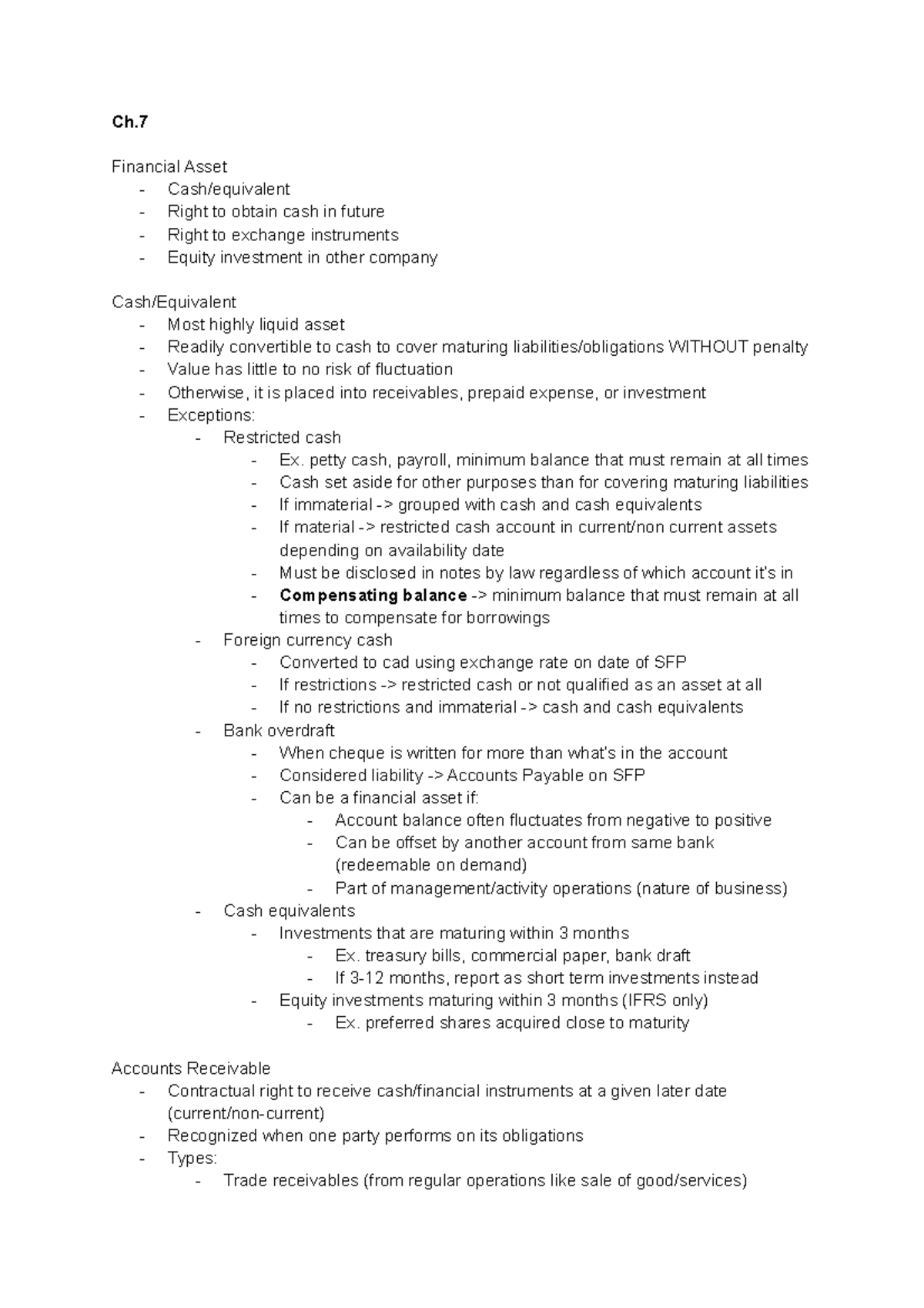 Important Notes for ADMS 3585 Exam ch - Ch. Financial Asset - Cash ...