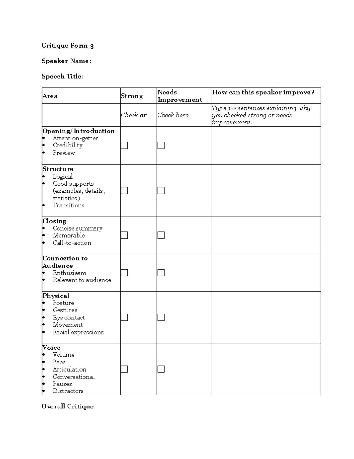 SPC 2065 - Speech Peer Critique Form - Part 3 - Critique Form 3 Speaker ...