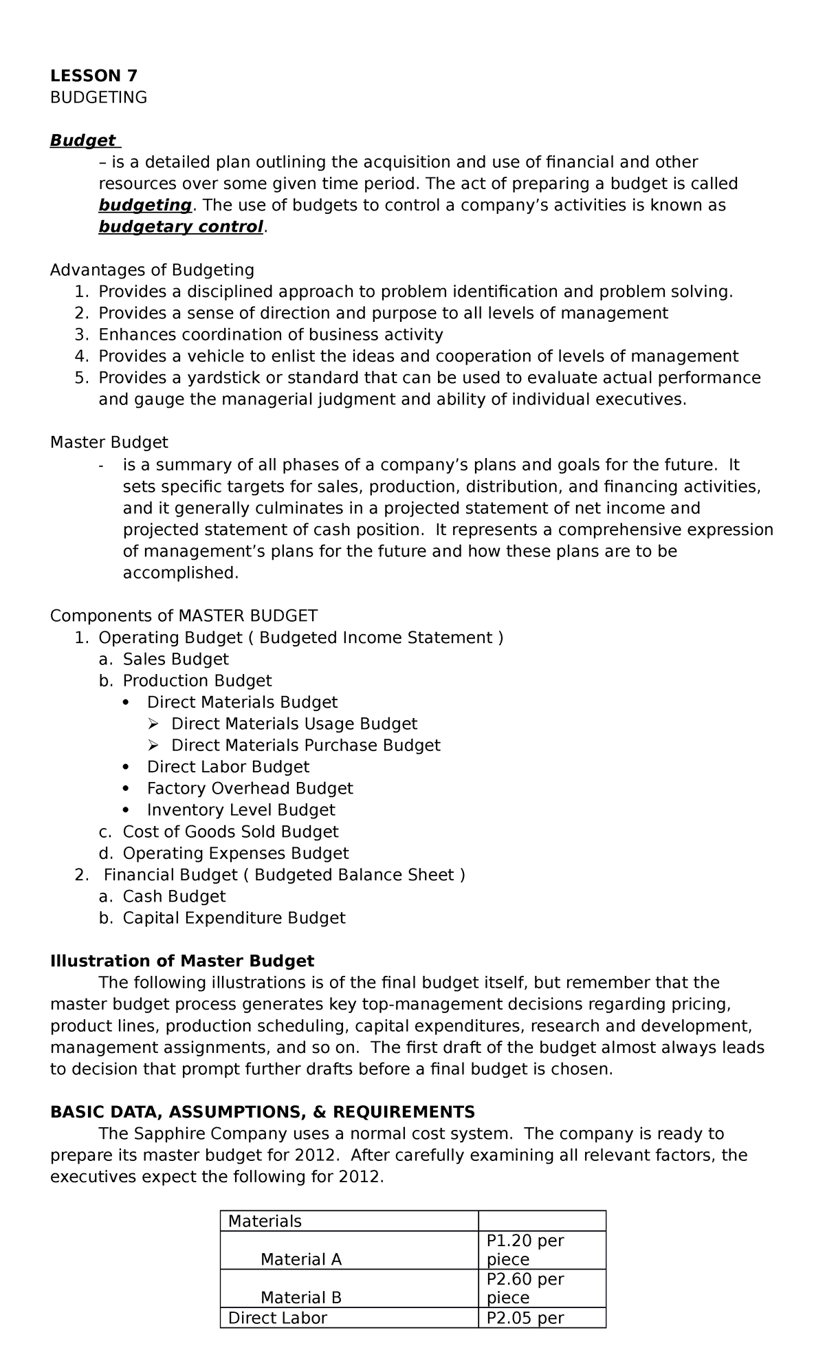 Module 7 - SCM - Lecture notes 7 - LESSON 7 BUDGETING Budget is a ...