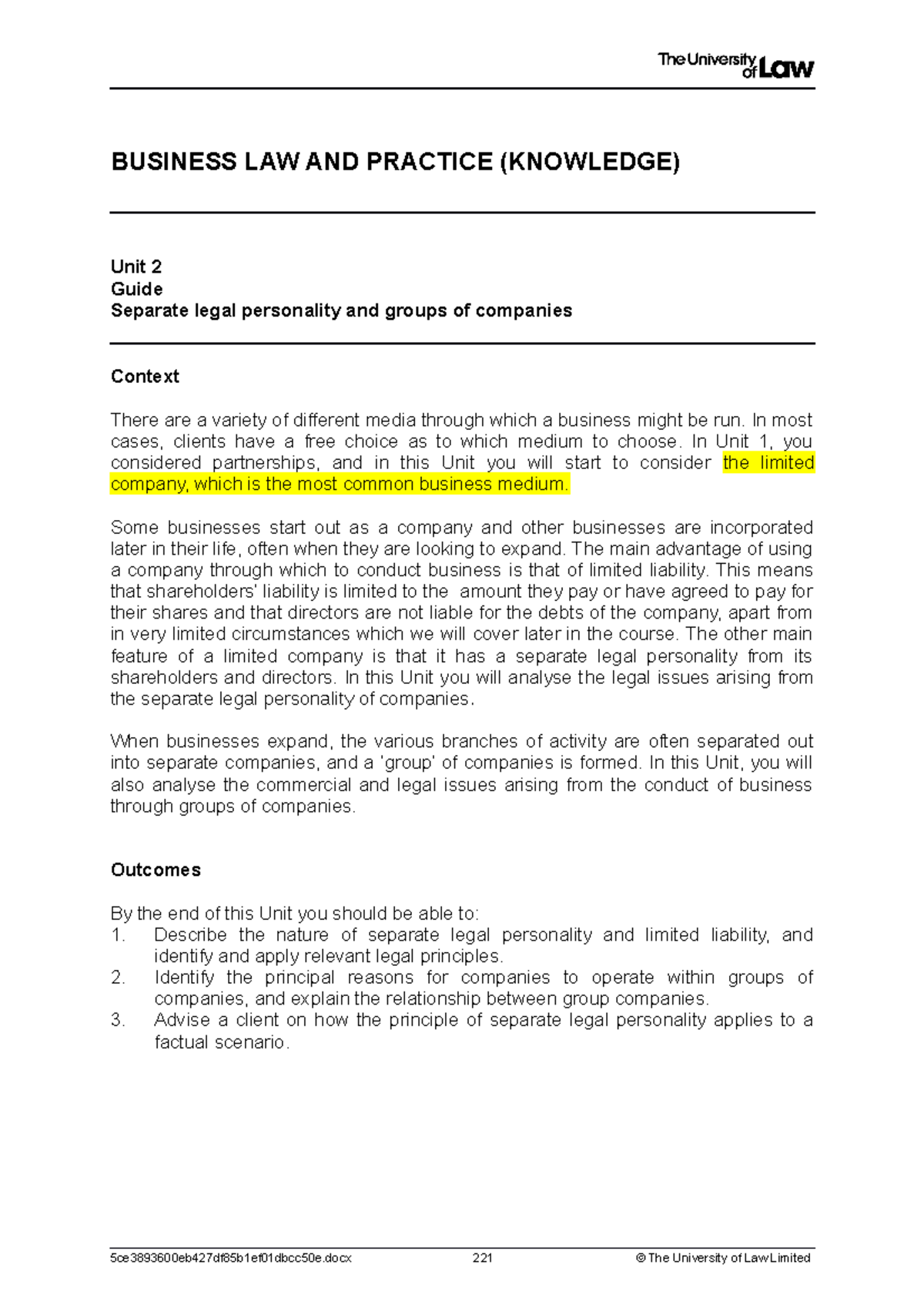 Business law workshop 2 - BUSINESS LAW AND PRACTICE (KNOWLEDGE) Unit 2 ...