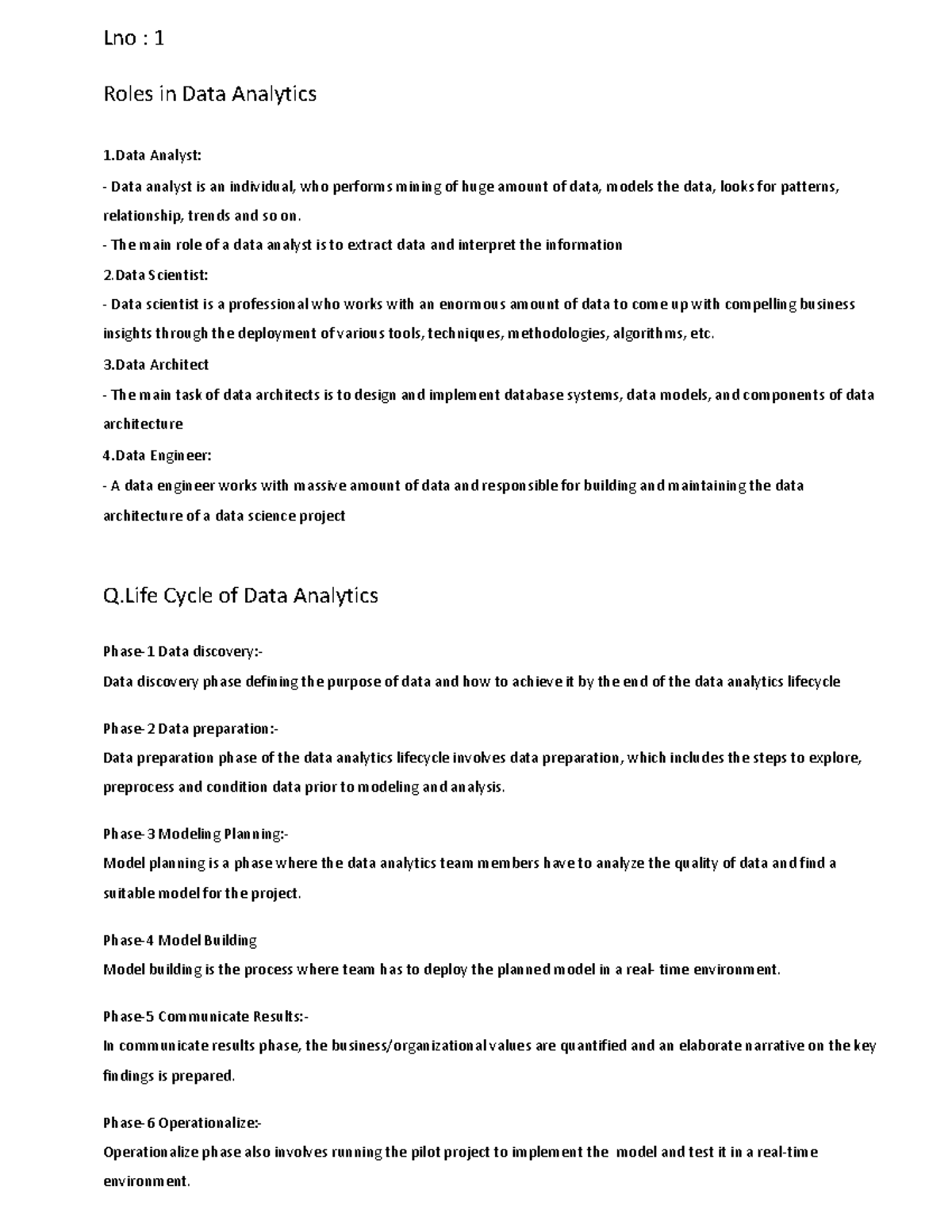 DA imp - short notes - Lno : 1 Roles in Data Analytics 1 .Data Analyst ...