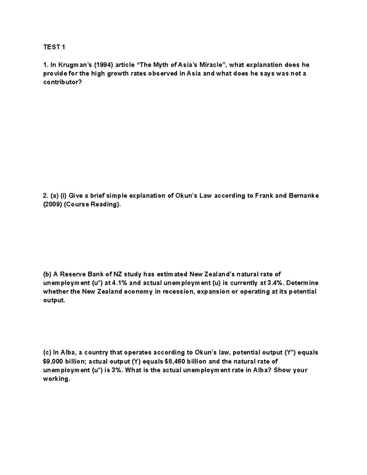 ECON112 - Midterm tests - S2 - Otago - TEST 1 In Krugman’s (1994 ...