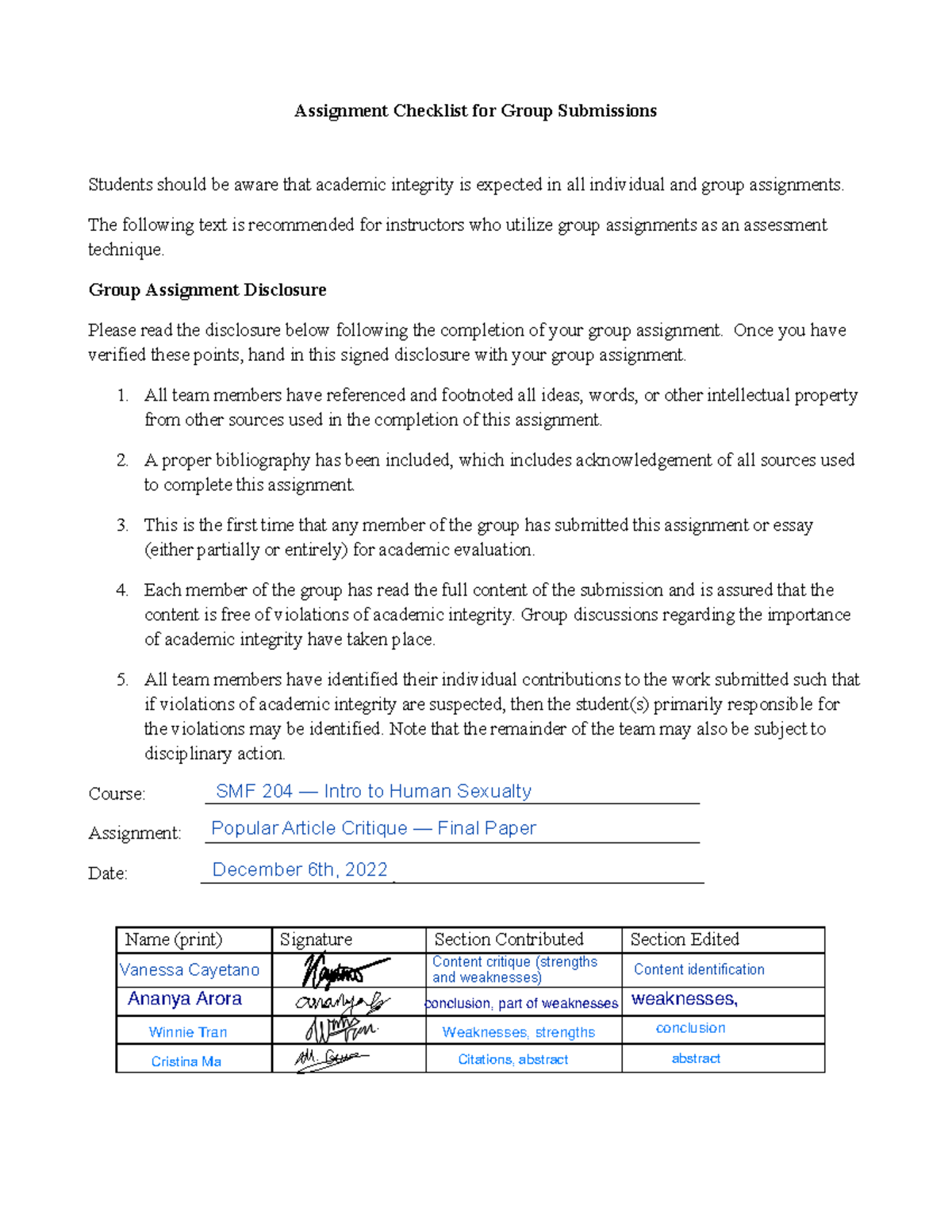 Assignment checklist - The following text is recommended for ...