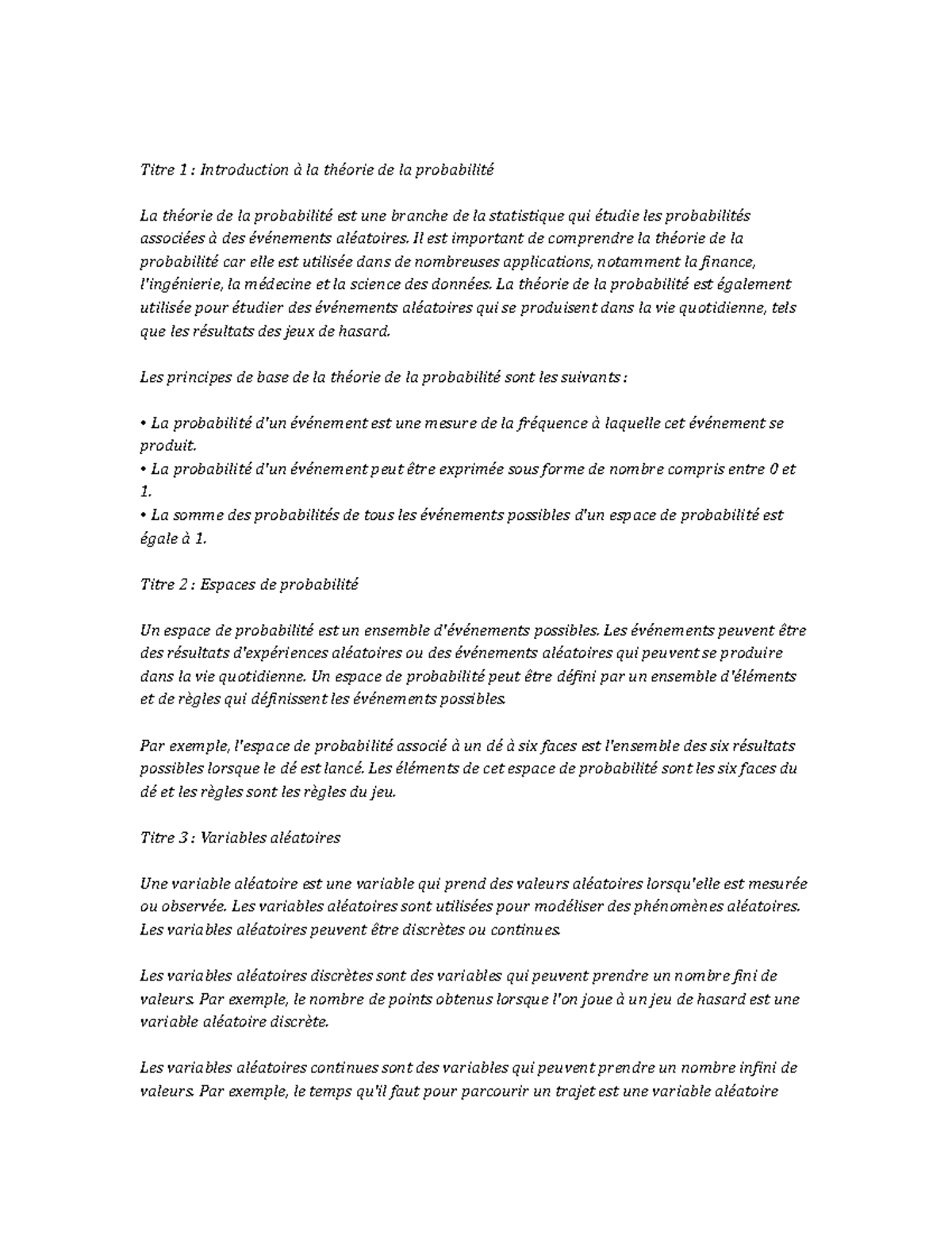 Probability Theory note study - Titre 1 : Introduction à la théorie de ...
