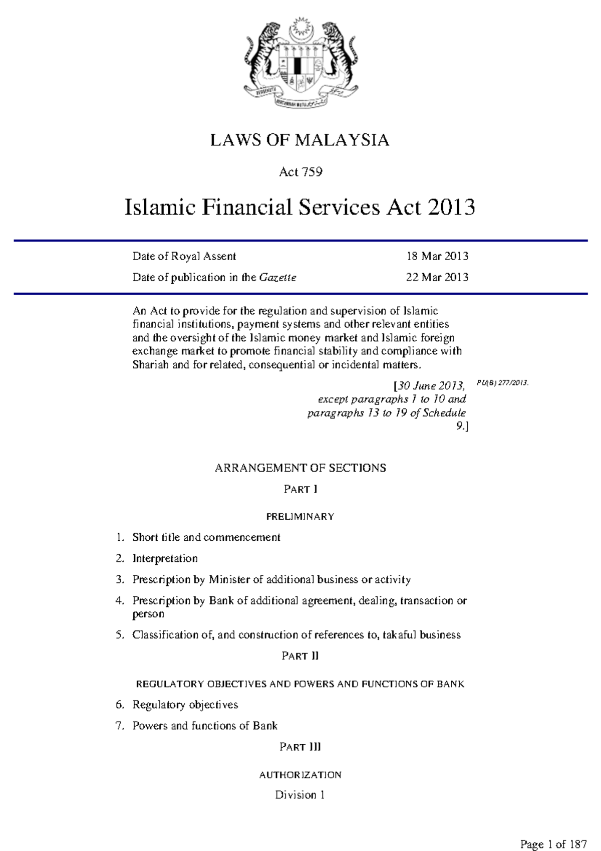 Islamic Financial Services Act 2013 - LAWS OF MALAYSIA Act 759 Islamic ...