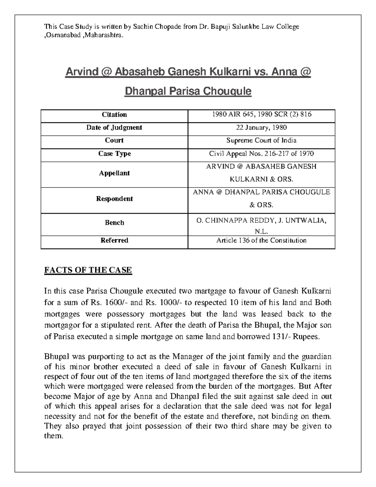 Arvind & Abasaheb Ganesh Kulkarni v. Anna & Dhanpal Parisa Chougule ...