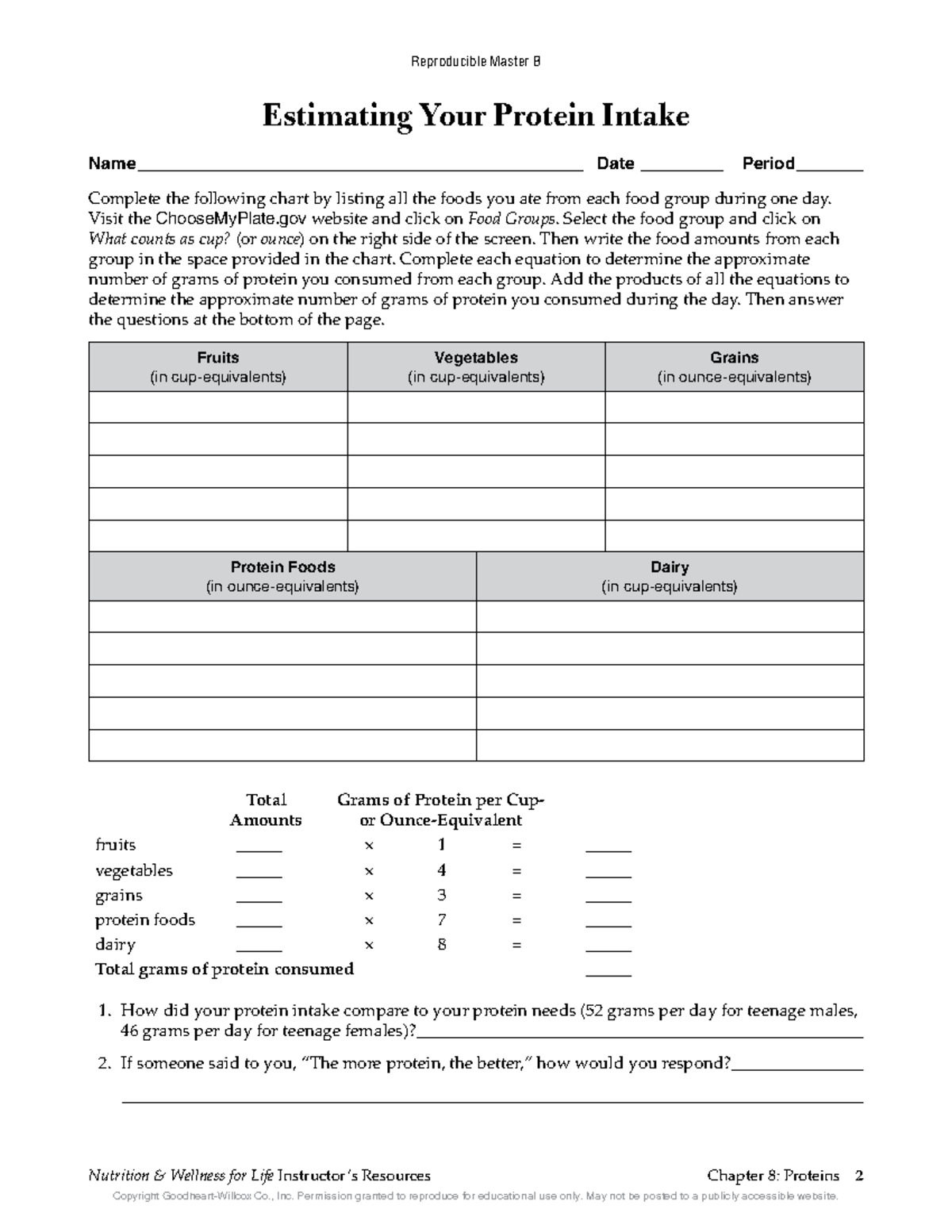 Ch08 ch08 estimate protein intake - Copyright Goodheart-Willcox Co ...