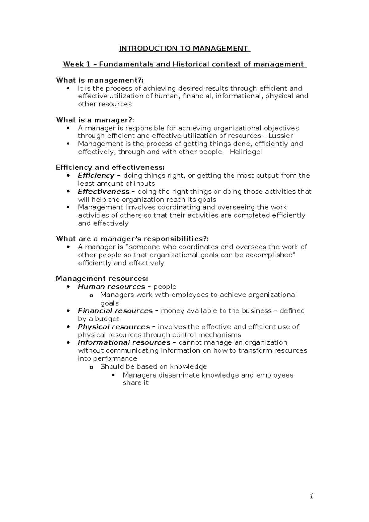 Introduction TO Management Notes - INTRODUCTION TO MANAGEMENT Week 1 ...