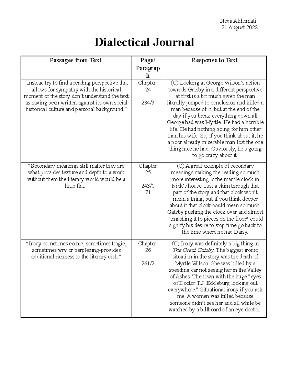 Dialectical Journal 24-26 - Neda Alihemati 21 August 2022 Dialectical ...
