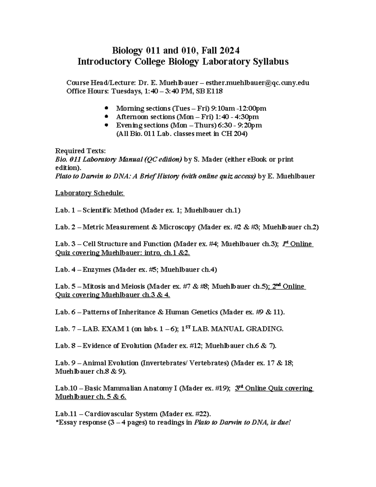 Biology syllabus - Biology 011 and 010, Fall 2024 Introductory College ...