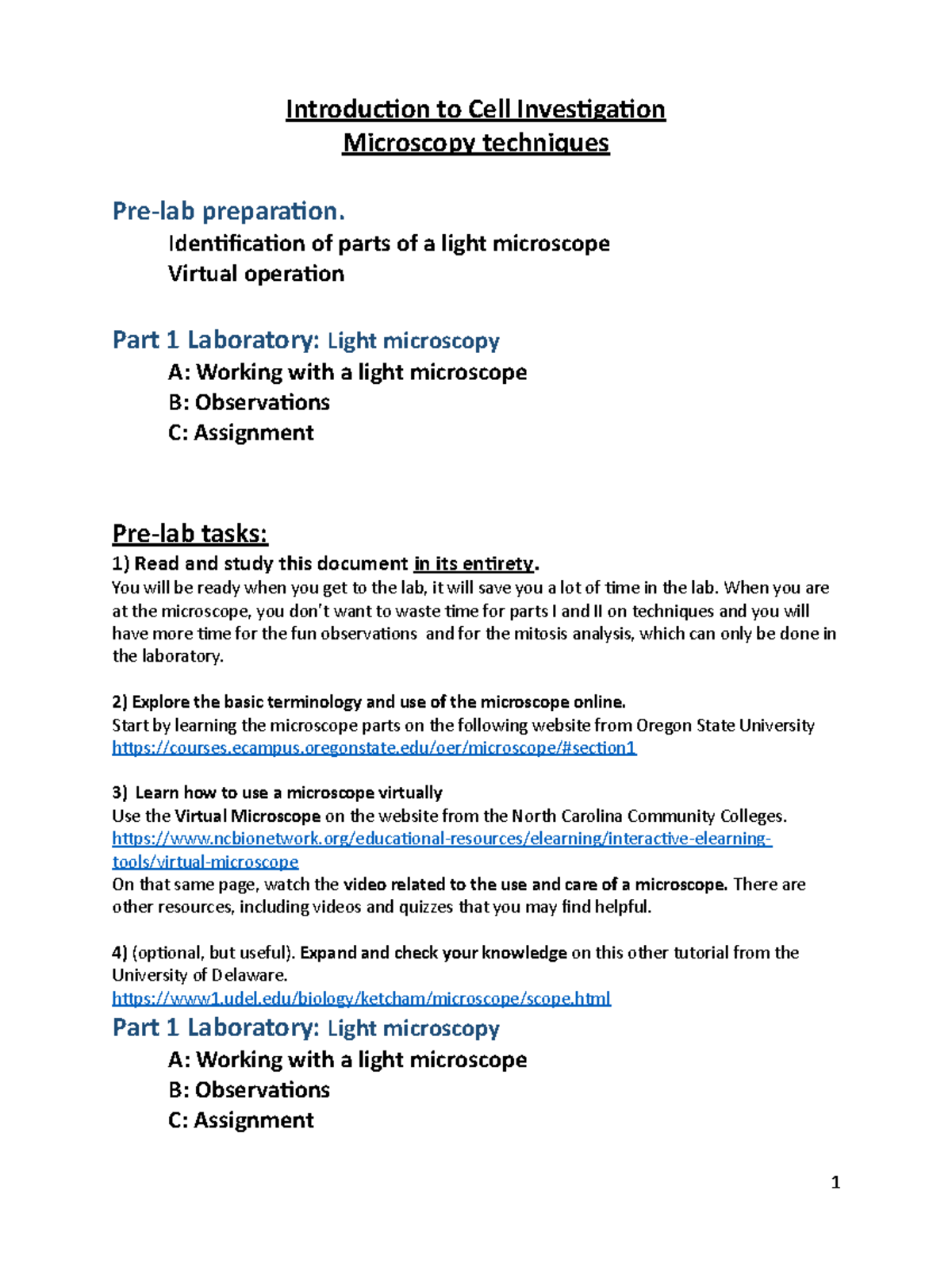 Microscopy Handout - lab - Introduction to Cell Investigation Microscopy techniques Pre-lab ...