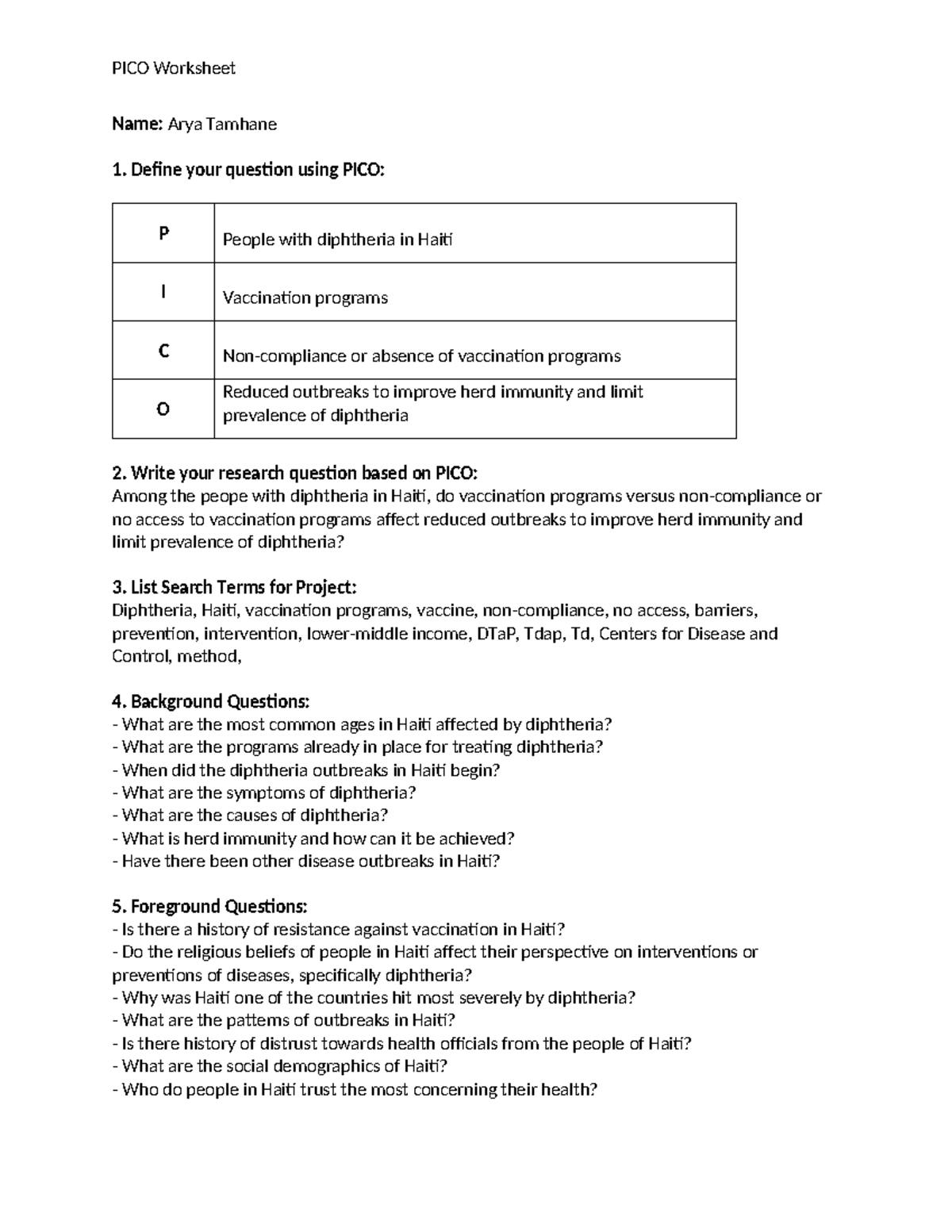 PICO Worksheet - PICO assignment - PICO Worksheet Name: Arya Tamhane Define your question using ...