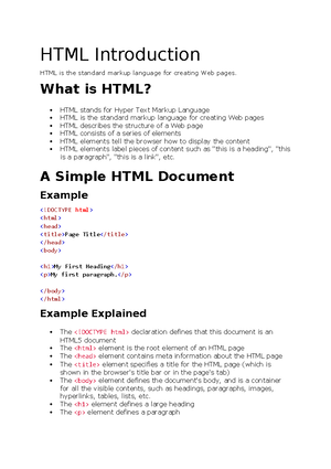 HTML - What is HTML? HTML stands for Hyper Text Markup Language HTML is ...