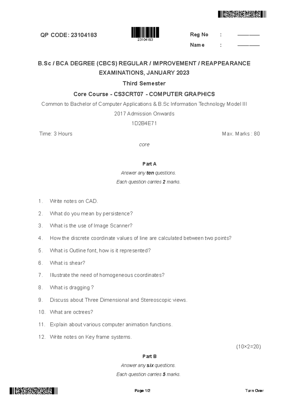 - Computer Graphics - sem - QP CODE: 23104183 Reg No : ..................... Name : - Studocu