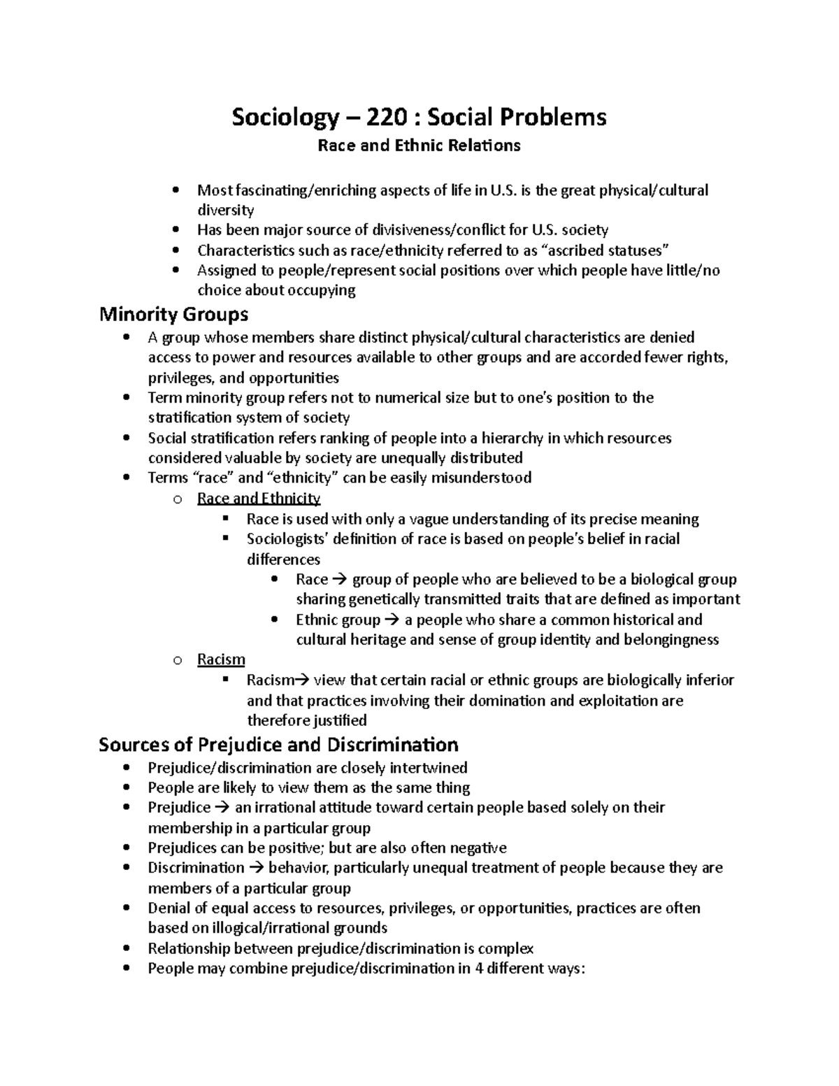Race and Ethnic - notes - Sociology – 220 : Social Problems Race and ...