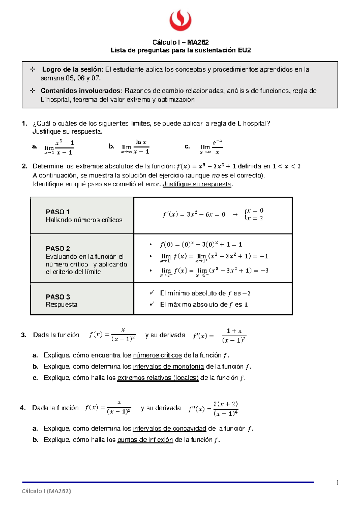 MA262 Lista de preguntas para la sustentación EU2 - 1 Cálculo I (MA262) Cálculo I – MA Lista de ...