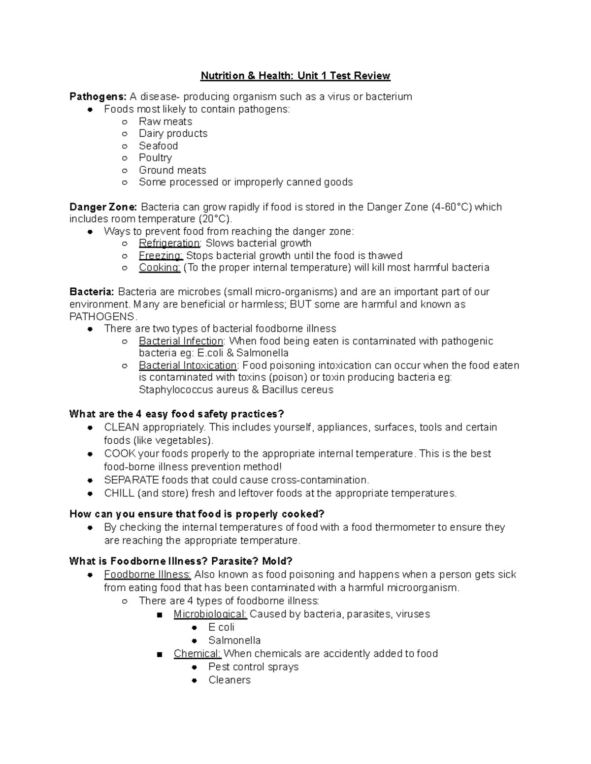 Nutrition and Health- Unit 1 Review - Nutrition & Health: Unit 1 Test ...