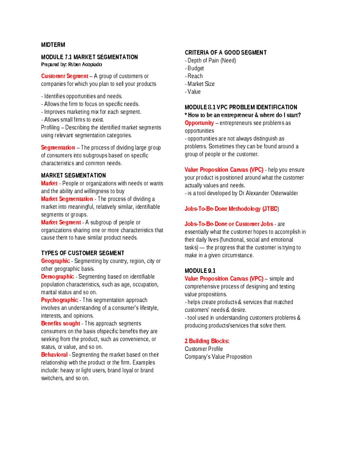 Electives Reviewer Midterm - MIDTERM MODULE 7 MARKET SEGMENTATION ...