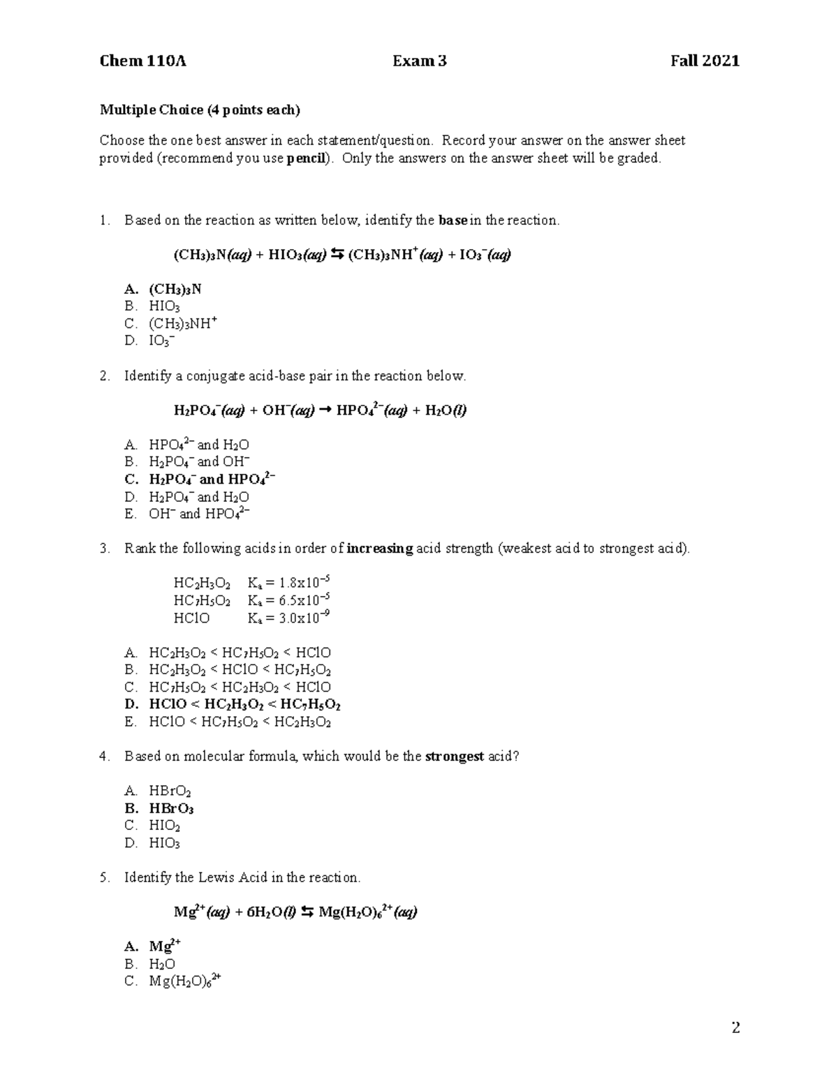 Exam3 110 Fa21 Key - exam - Multiple Choice (4 points each) Choose the one best answer in each ...