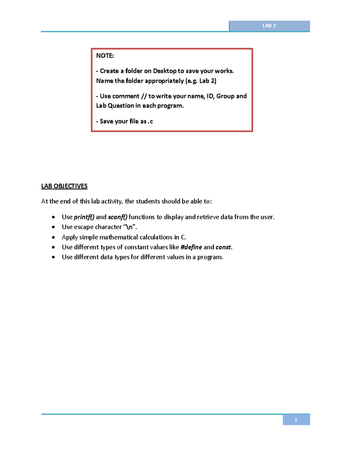Lab 2 - LAB OBJECTIVES At the end of this lab activity, the students ...