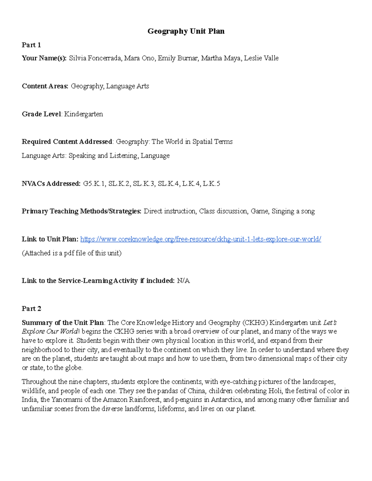 Geography Unit Plan - Geography Unit Plan Part 1 Your Name(s): Silvia ...