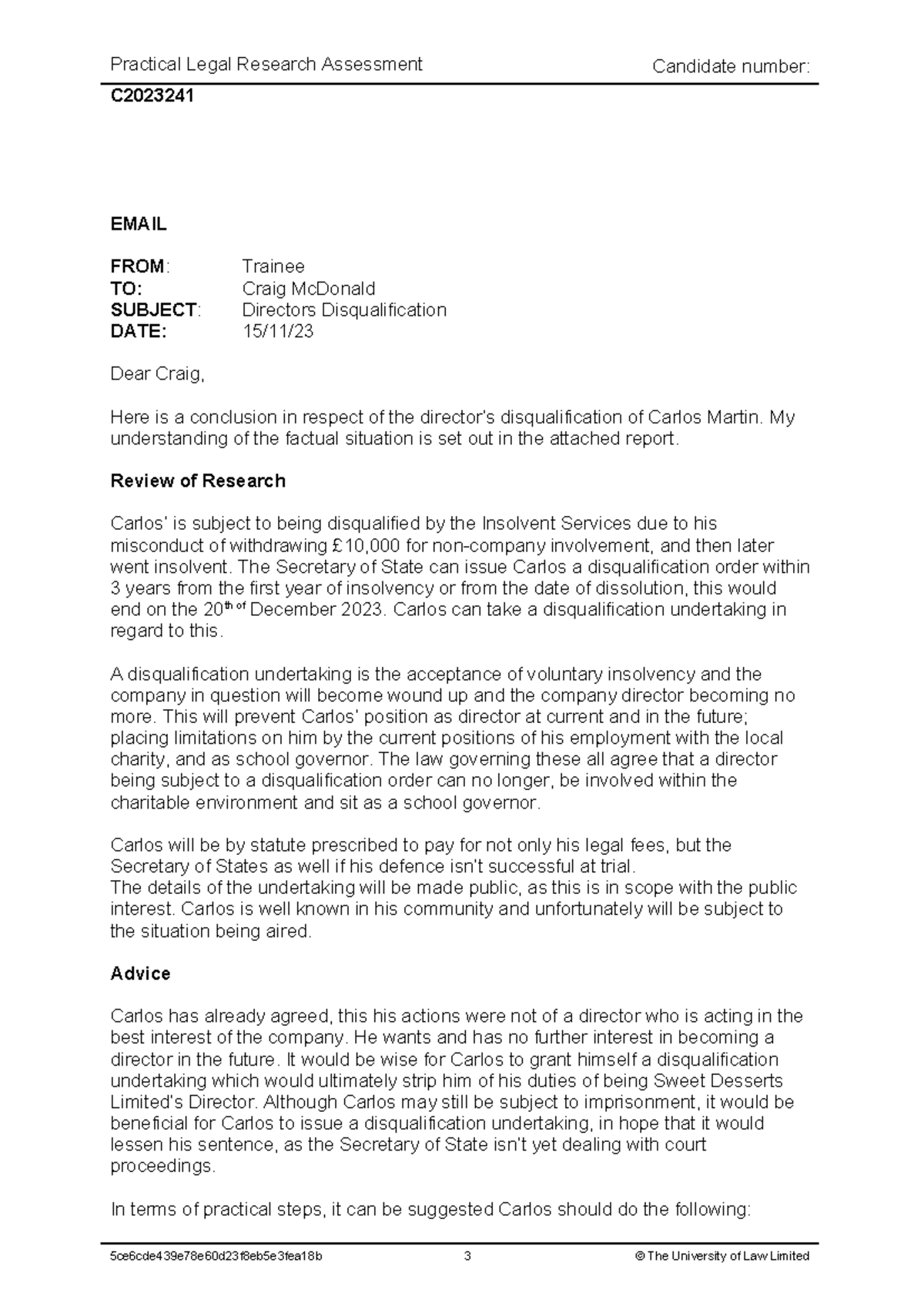 C2023241 IPP Practical Legal Research - C EMAIL FROM: Trainee TO: Craig ...