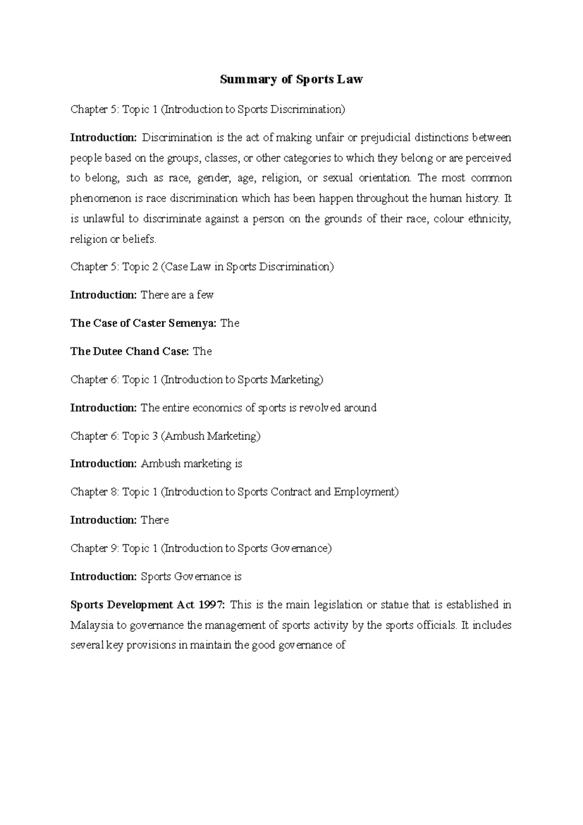 Summary of Sport Law - Summary of Sports Law Chapter 5: Topic 1 ...