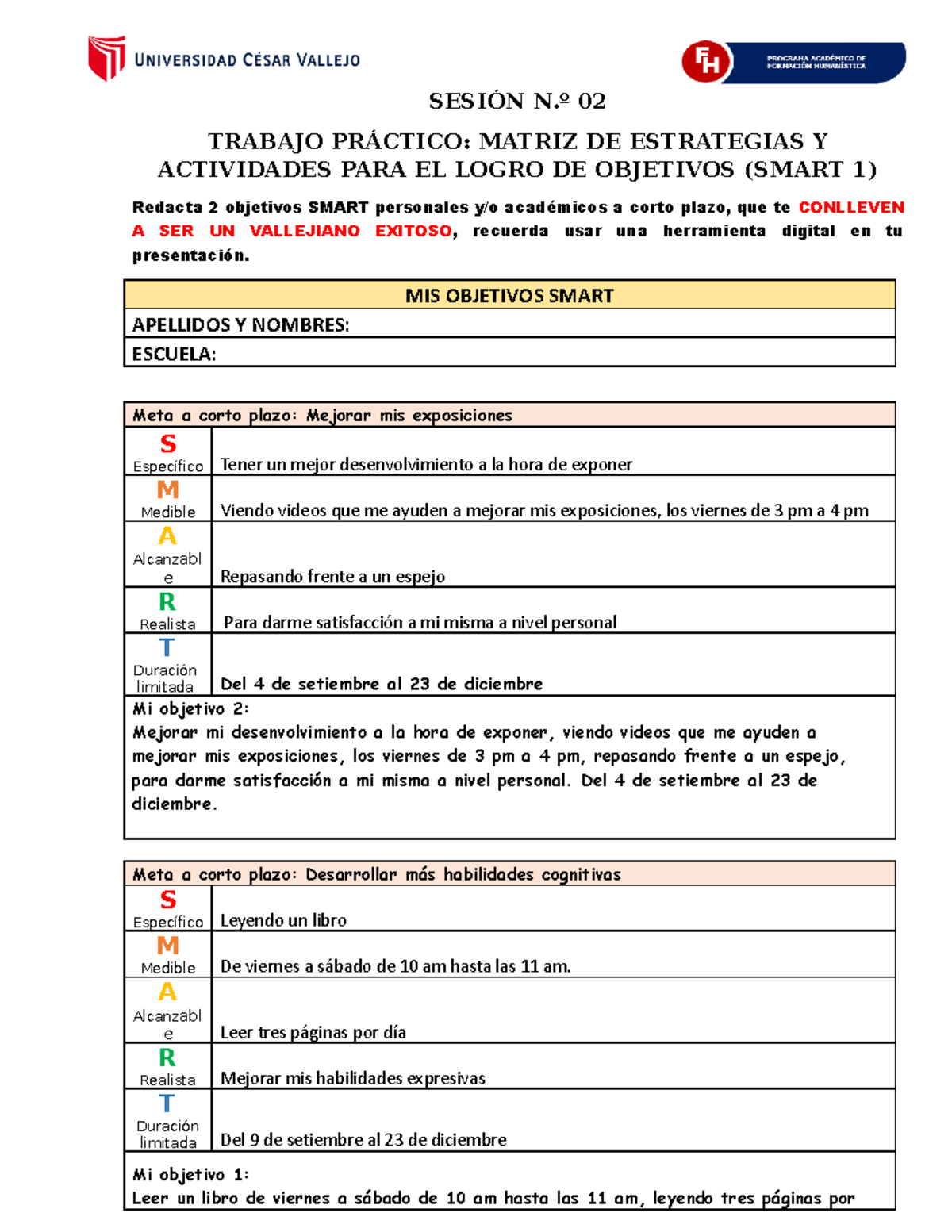 2° Matriz Objetivos Smart - SESIÓN N.º 02 TRABAJO PRÁCTICO: MATRIZ DE ...