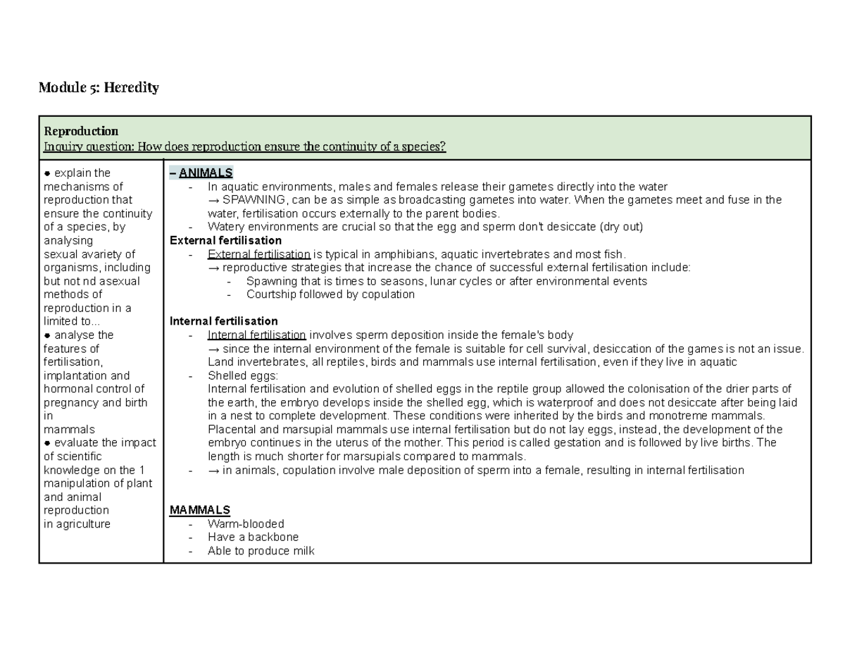 BIO MOD 5 - bio notes - Module 5: Heredity Reproduction Inquiry ...
