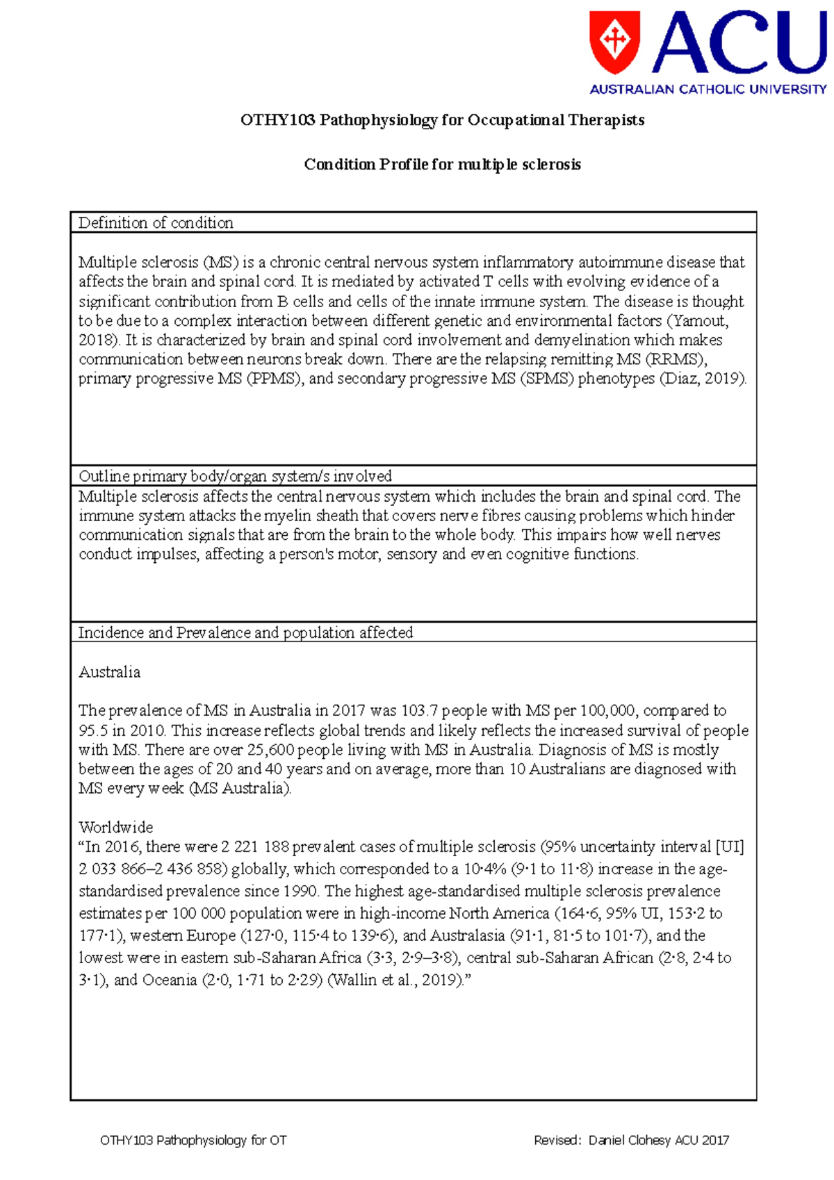 OTHY103 Condition Profile MS - OTHY103 Pathophysiology for Occupational ...