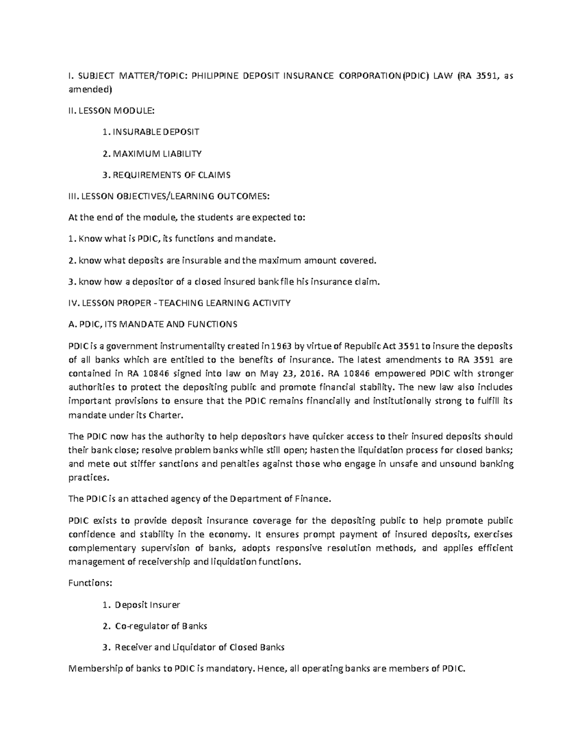 Pdfcoffee - pdic act - I. SUBJECT MATTER/TOPIC: PHILIPPINE DEPOSIT ...