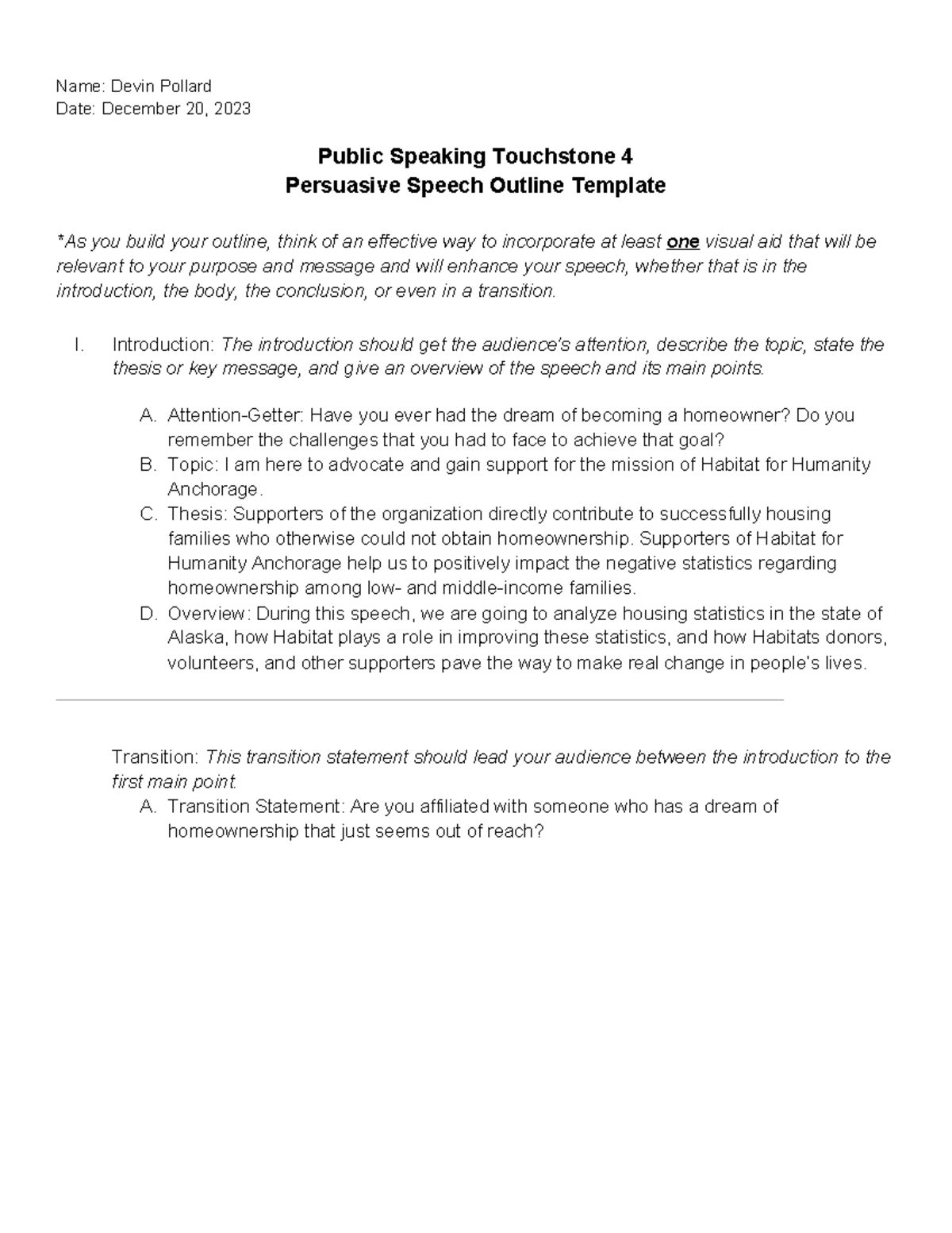 Public Speaking Touchstone 4 Template - Name: Devin Pollard Date ...