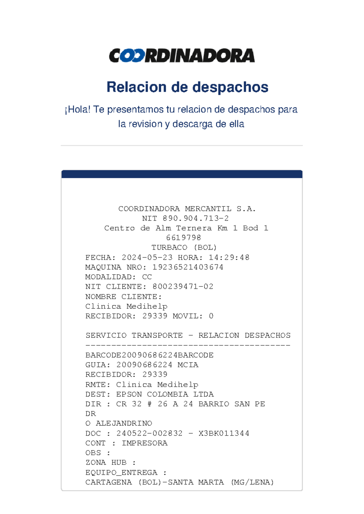 Tirilla Digital - 58029340 - 2024-05-23 - Relacion de despachos ¡Hola ...
