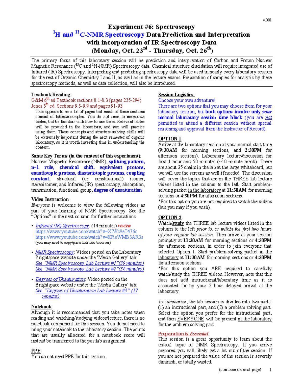 FA23 CHEM 225 Exp6 Handout Spectroscopy 001 - v 1 1 Experiment # 6 : Spectroscopy 1 H and 13 C ...
