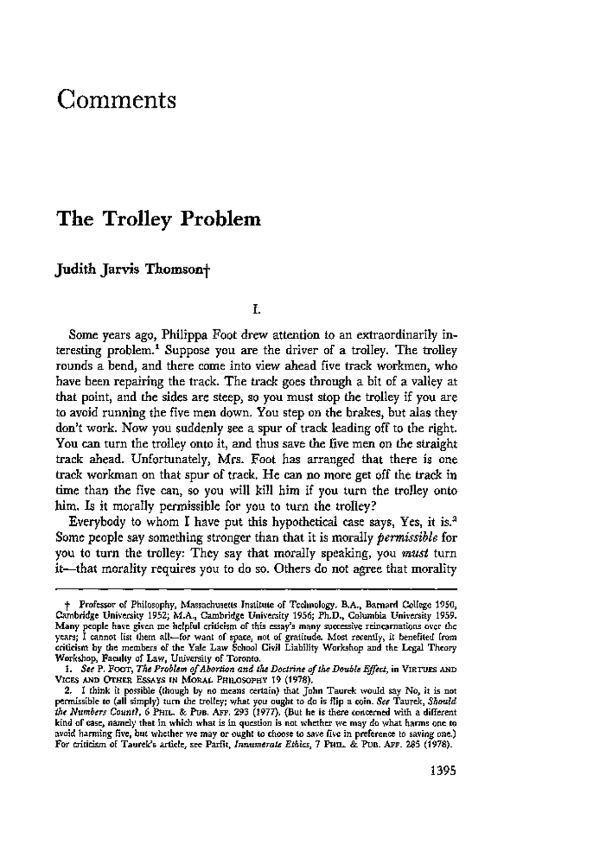 56 94Yale LJ 1395 1984 1985 - Comments The Trolley Problem Judith ...