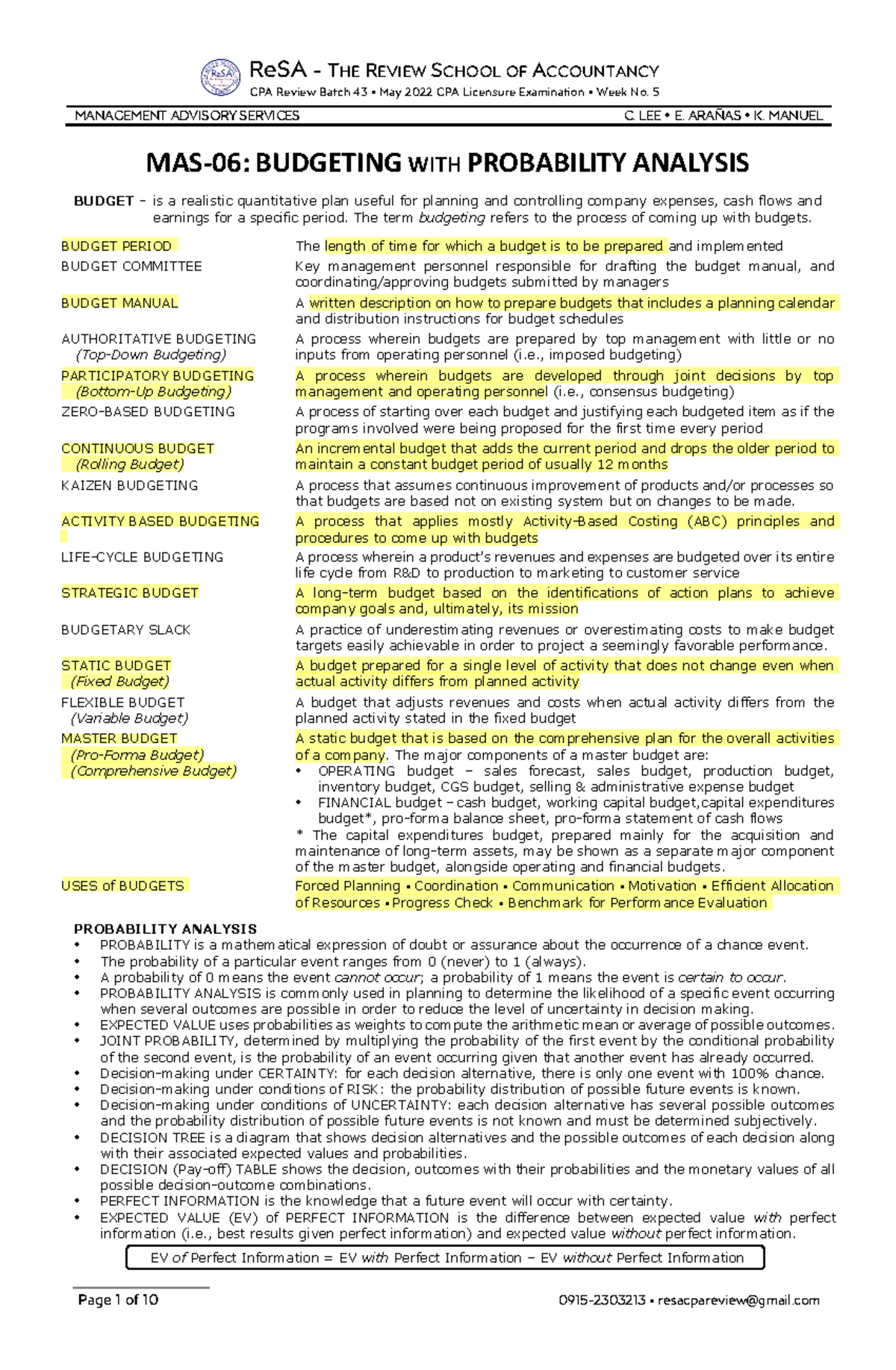MAS-06 (Budgeting with Probability Analysis) - ReSA - THE REVIEW SCHOOL ...