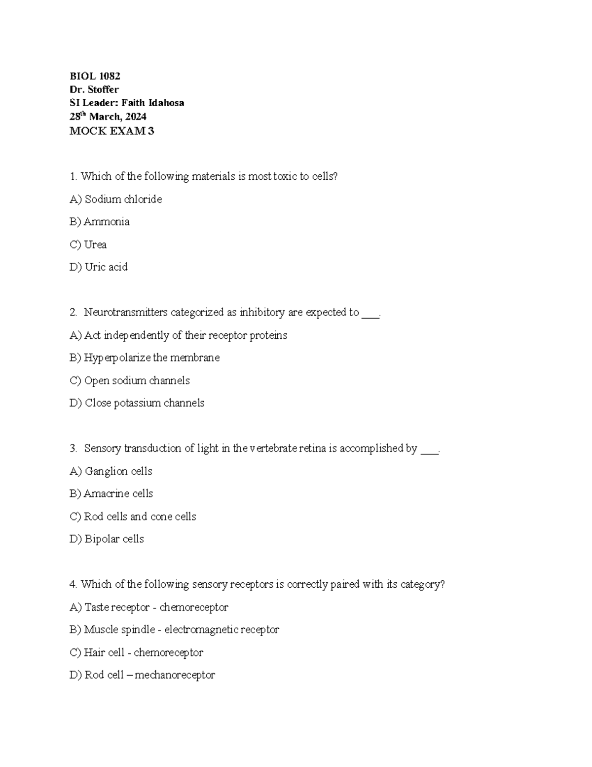 MOCK 3 BIOL1082 - stoffer - BIOL 1082 Dr. Stoffer SI Leader: Faith ...