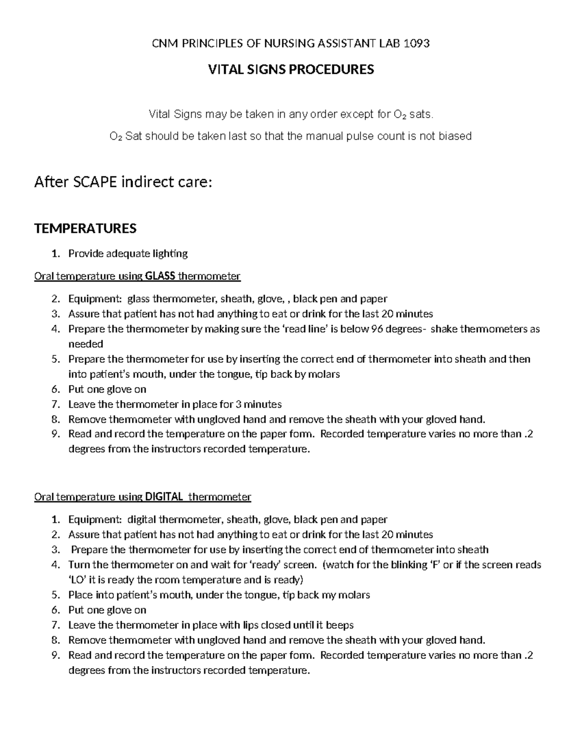 Vital Signs Procedures - CNM PRINCIPLES OF NURSING ASSISTANT LAB 1093 ...