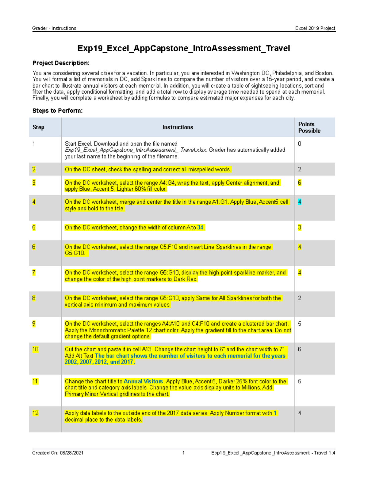 Exp19 Excel App Capstone Intro Assessment Travel Instructions - Grader - Instructions Excel 2019 ...