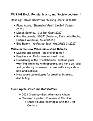 MUS 109 Lecture 14 Notes - MUS 109 Rock, Popular Music, and Society ...