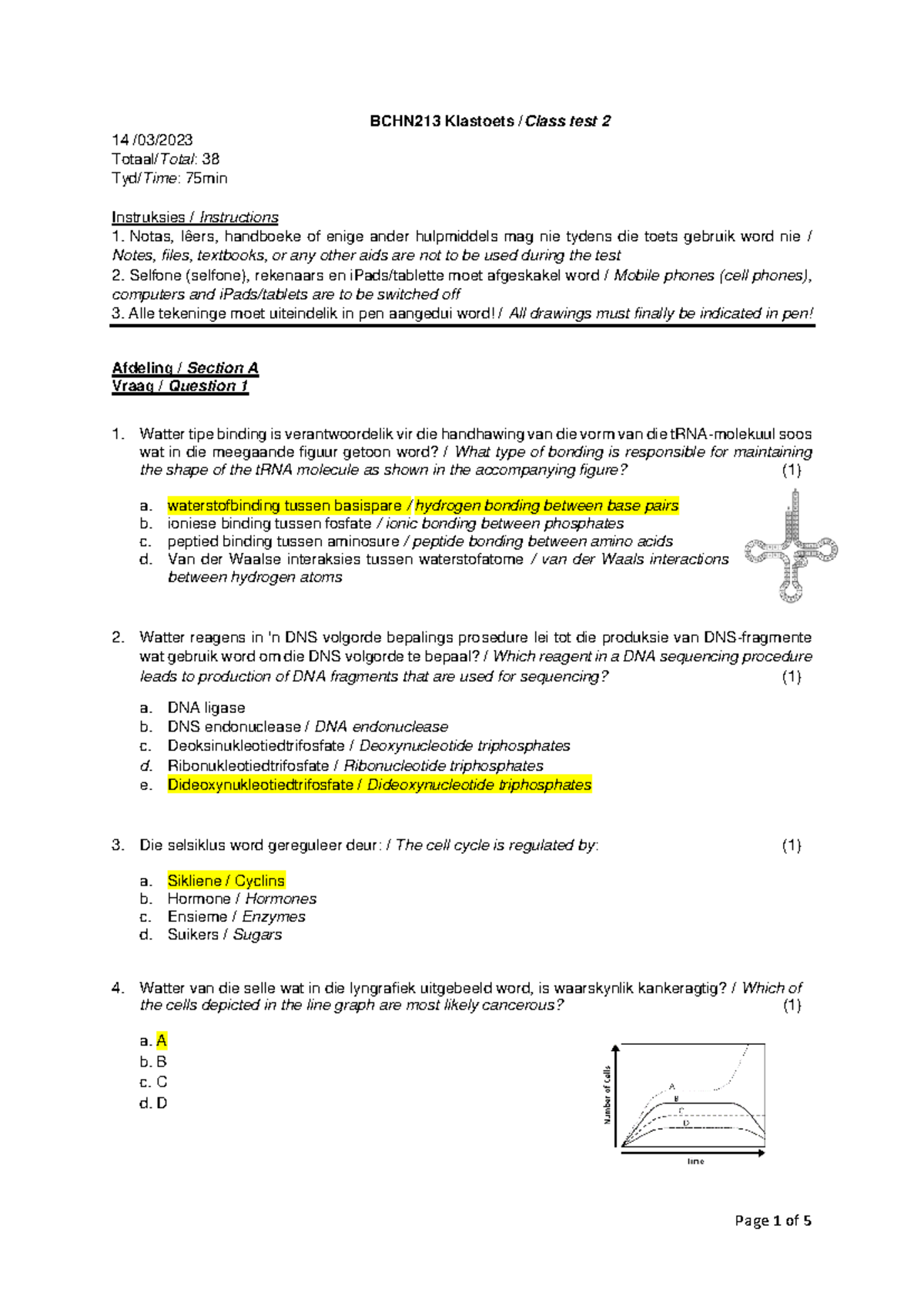 BCHN 213 2023 T2memo - Test 2 memo - BCHN213 Klastoets /Class test 2 14 ...