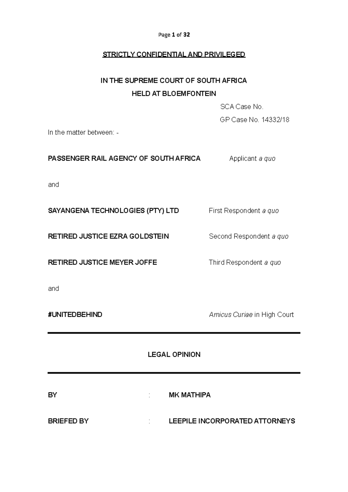 Mathipa opinion example - STRICTLY CONFIDENTIAL AND PRIVILEGED IN THE ...
