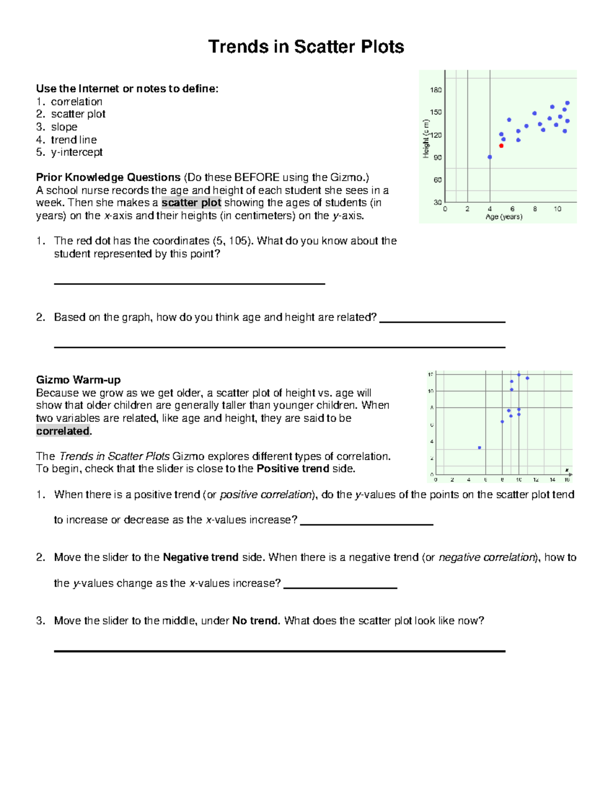 Trends in Scatter Plots - ) A school nurse records the age and height ...