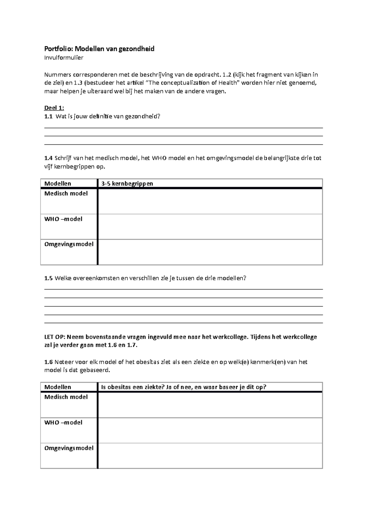 Invulformulier portfolio ziek gezond modellen van gezondheid ...