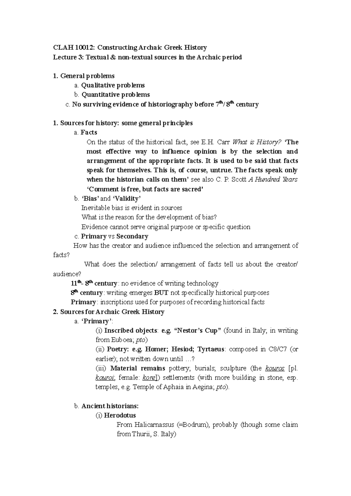 Lecture 3 Handout - CLAH 10012: Constructing Archaic Greek History Lecture 3: Textual & - Studocu