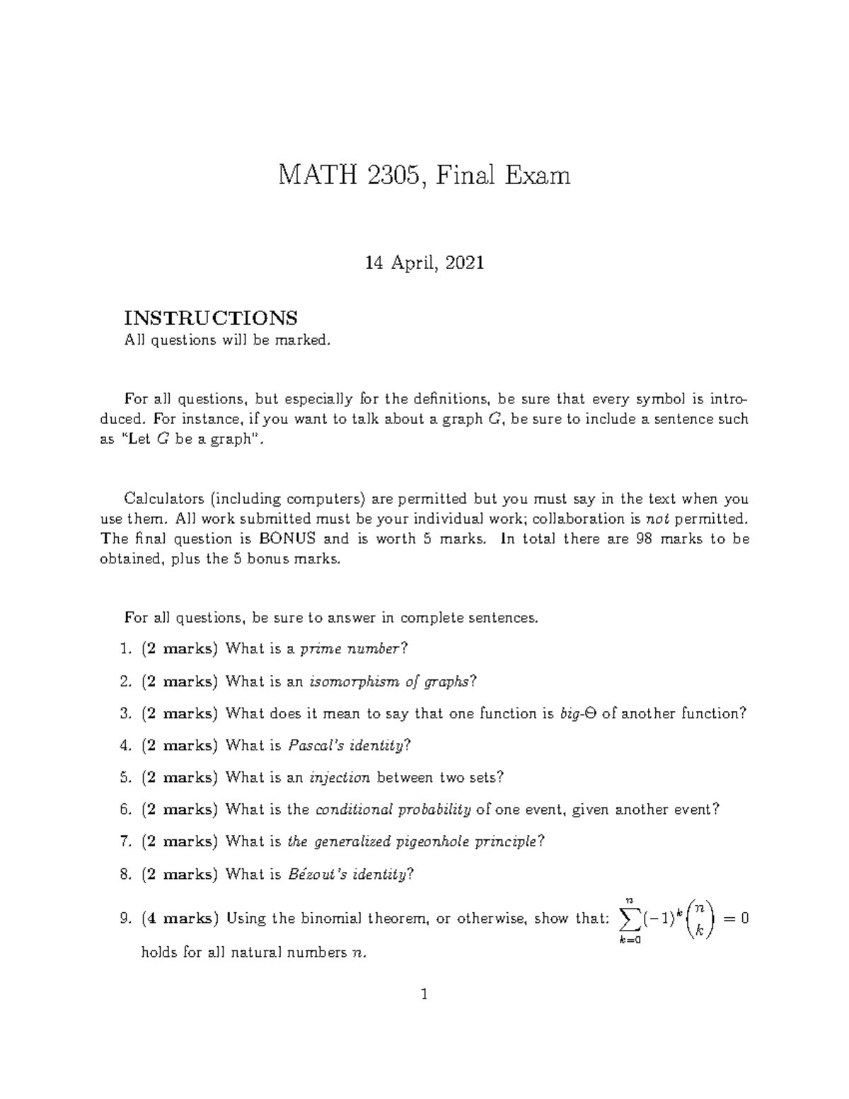 F - exam - MATH 2305, Final Exam 14 April, 2021 INSTRUCTIONS All ...