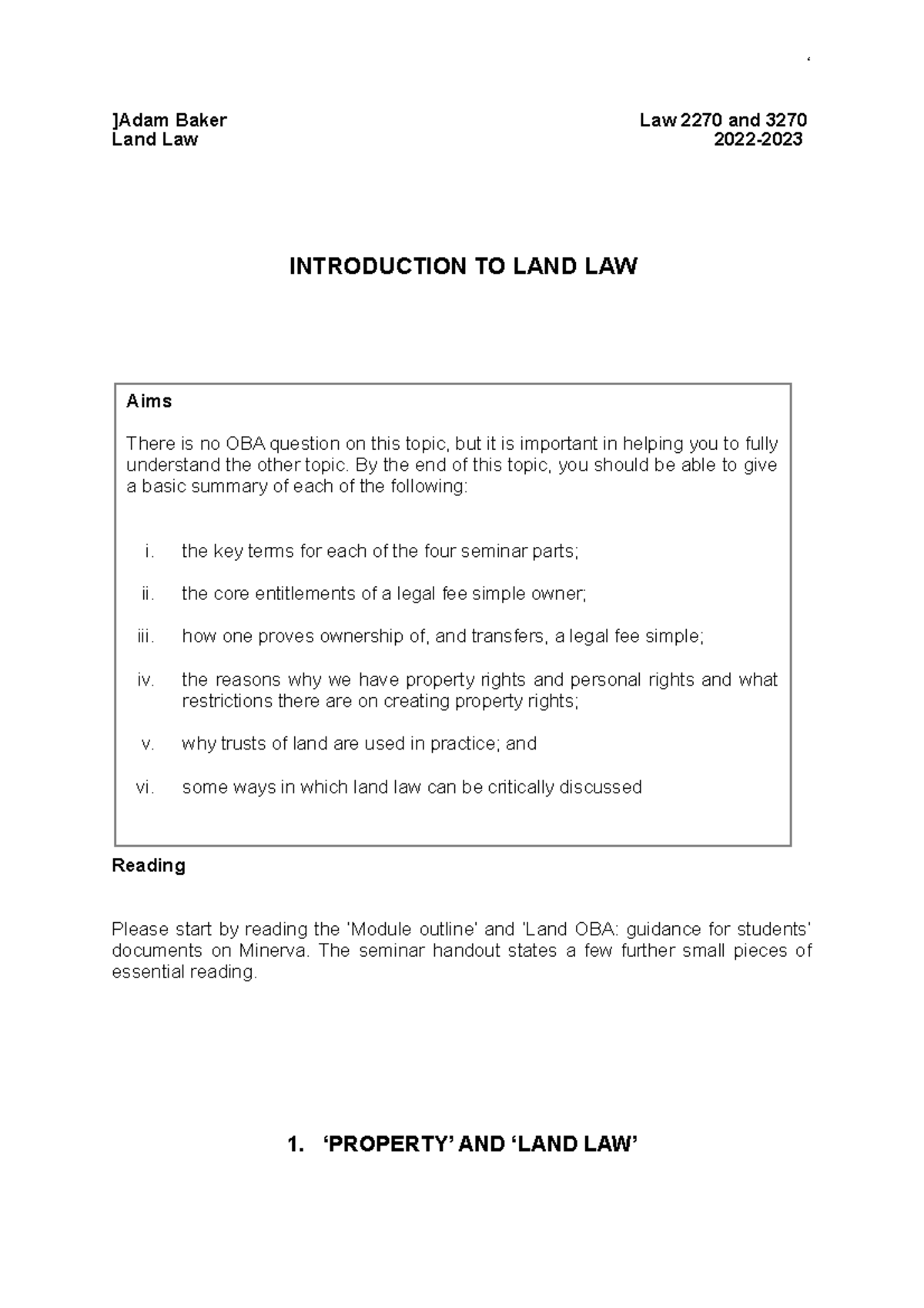 Land 1 (Introduction to Land Law) - Handout (2022) - ]Adam Baker Law ...