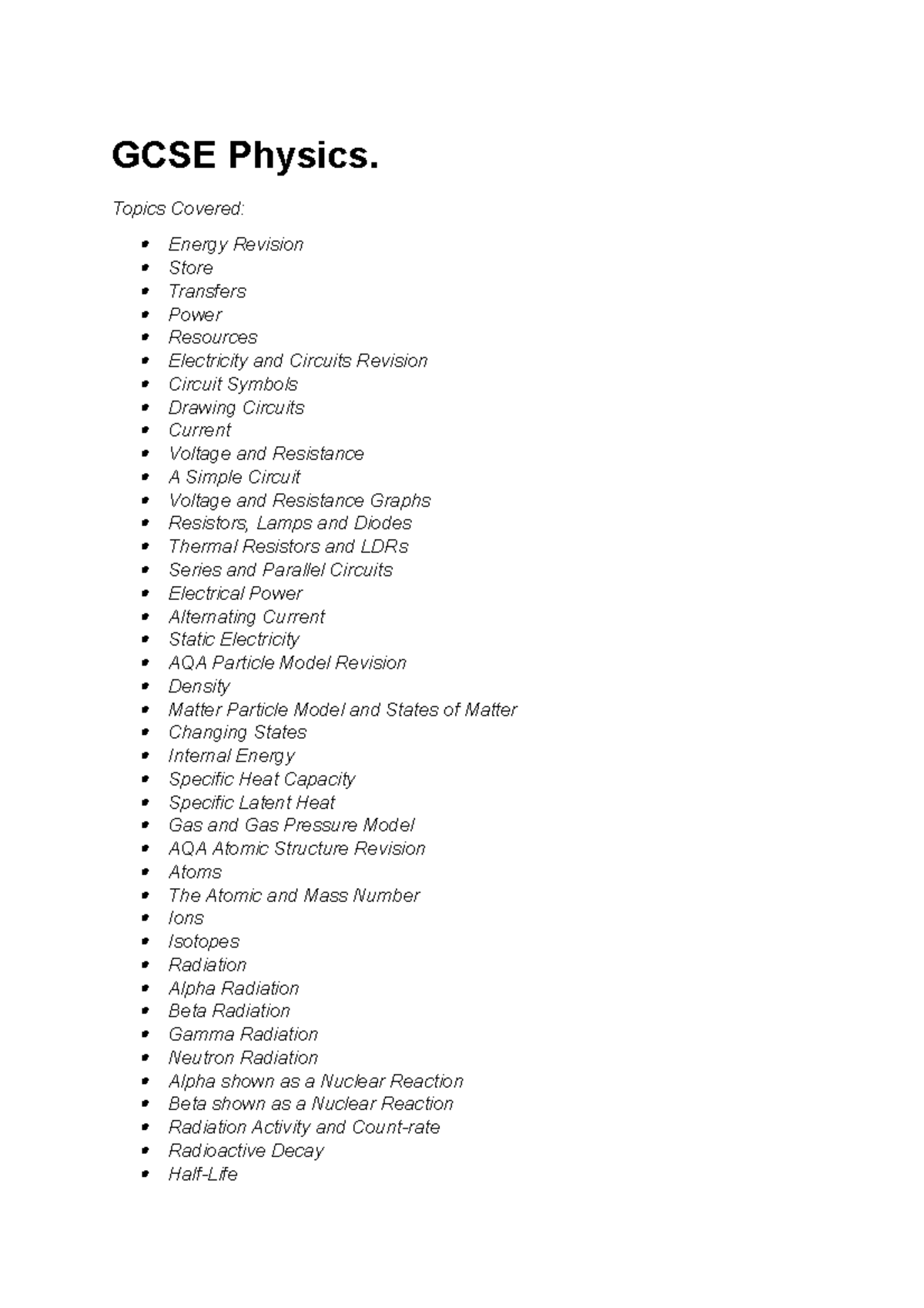 GCSE Physics - Topics Covered: Energy Revision Store Transfers Power ...